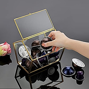 ELLDOO Gold Glass Pentaprism Coffee Pods Holder with Lid for Nespresso Vertuoline Capsule, Tea Bags Sugar Packets Sweeteners Candy Snack Storage for Counter, Coffee Bar, Kitchen, Breakroom
