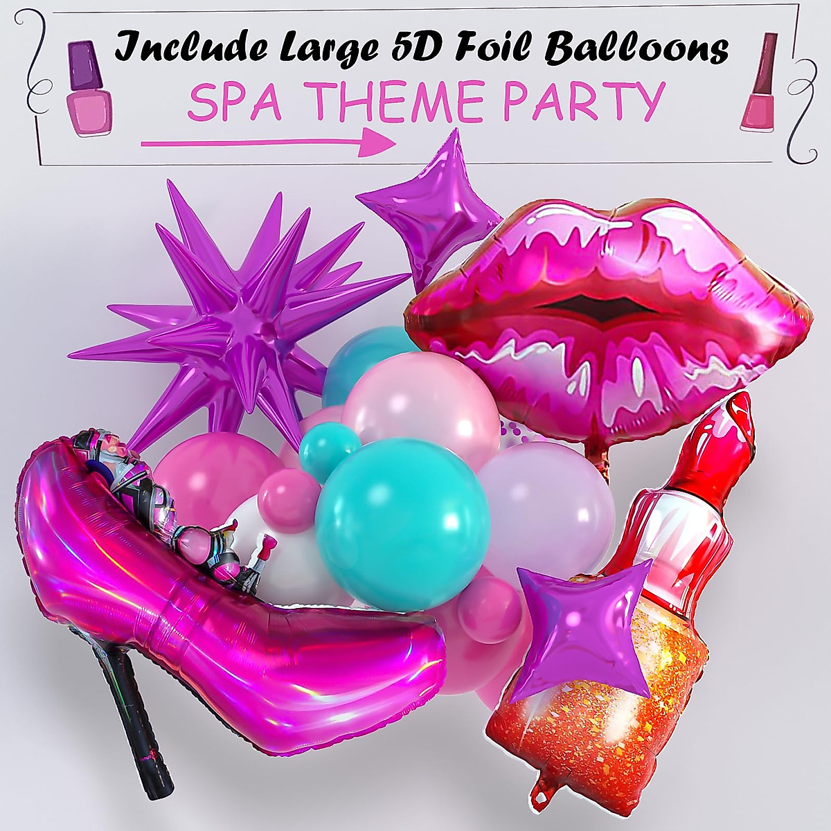 Keleno 127PCS Spa Party Supplies for Girls Makeup Birthday Decorations with Balloons Garland, Lipstick Kiss High Heels Foil Balloons, Backdrop, Tablecloth, Girls Women Slumber Pamper Spa Party Decor
