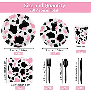 durony 350 Pieces Pink Cow Print Party Tableware Set Including Cowgirl Pink Cow Party Plates Cups Napkins Knives Forks Spoons Serves 50 for Baby Shower Farm Cow Party Decorations