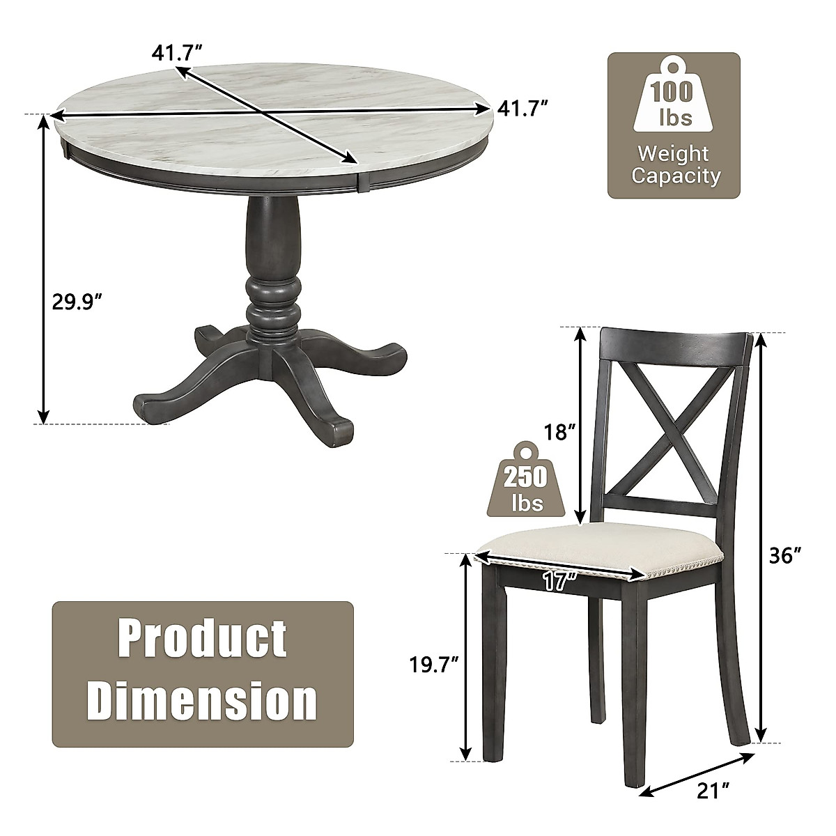 Modern 5-Piece Round Table and Chairs Set for 4 Persons, Solid Wood Dining Table Set with 4 Dining Chairs, Marble Veneer Kitchen Table Sets for Small Space Dining Room (Gray+Marble Veneer Table)