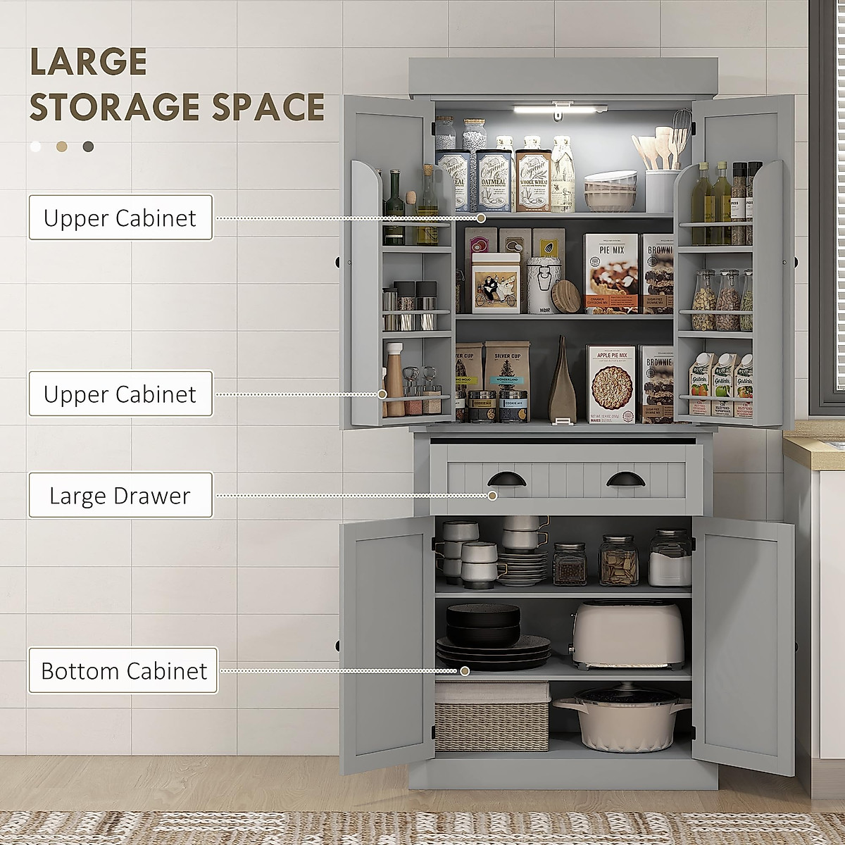 HOMCOM 71" Kitchen Pantry Cabinet with Motion Sensor Light, Tall Storage Cabinet with 6 Door Shelves, a Drawer & 4 Adjustable Shelves, for Living Room, Dining Room, Gray