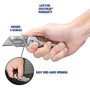 Sheffield 12115 Ultimate Lock Back Utility Knife, Folding, Box Cutter Knife, Carpet Knife, Drywall Cutter, and More, Quick-Change Blade, Back Lock Design, Aluminum & Wood Handle