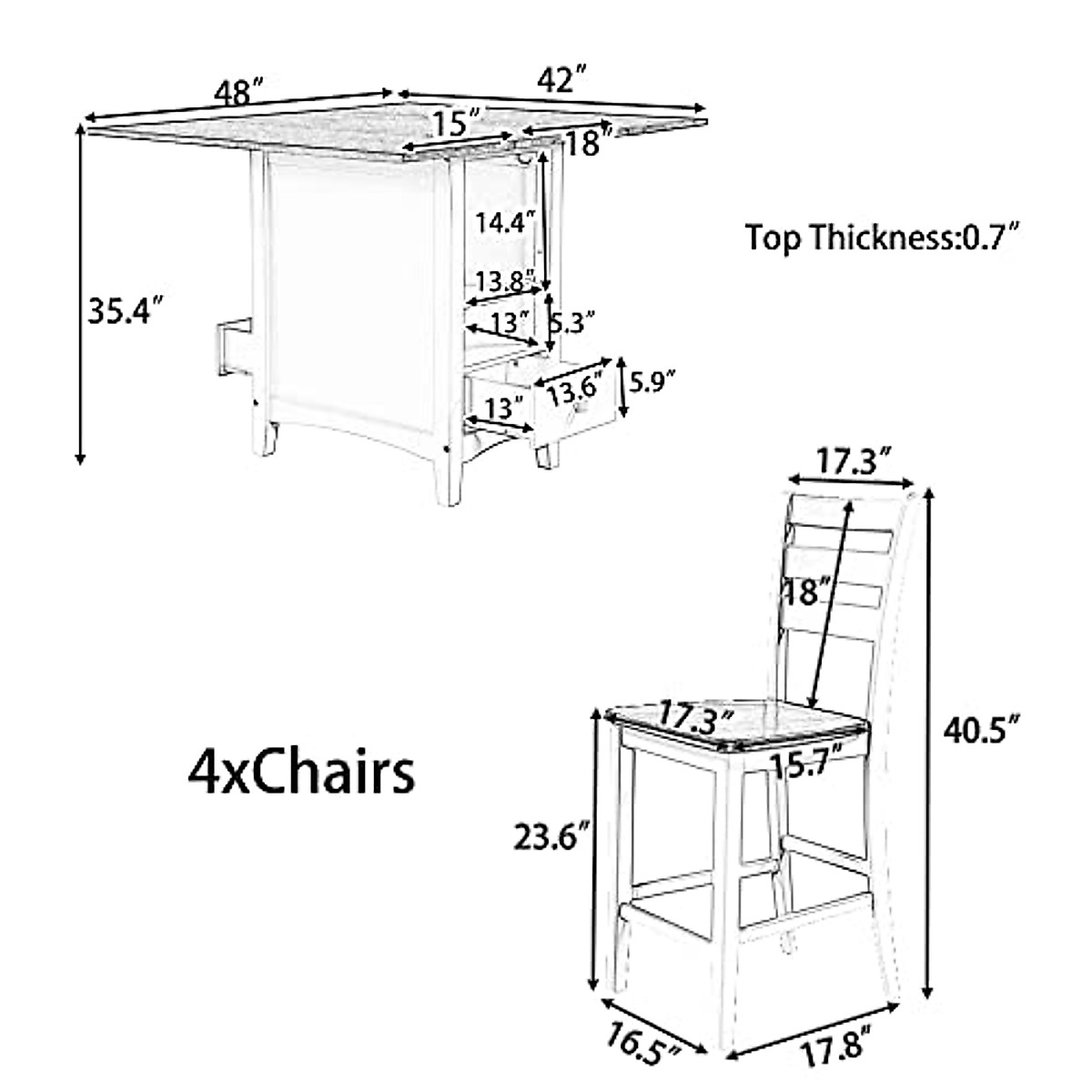 XD Designs Farmhouse 5-Piece Counter Height Dining Table Set, Soild Wood Drop Leaf Kitchen with Wine Rack & Drawers, 4 Chairs Ladder Full Back, Space-Saving (Cherry+Gray)