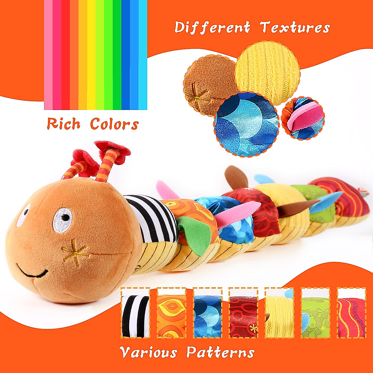 JERICETOY Baby Toys Musical Caterpillar Infant Toy with Rattle Crinkle Squeaker Tummy Time Toy Sensory Toys for Tummy Time Babies Girl Boy 0 3 6 9 12 Months Gifts