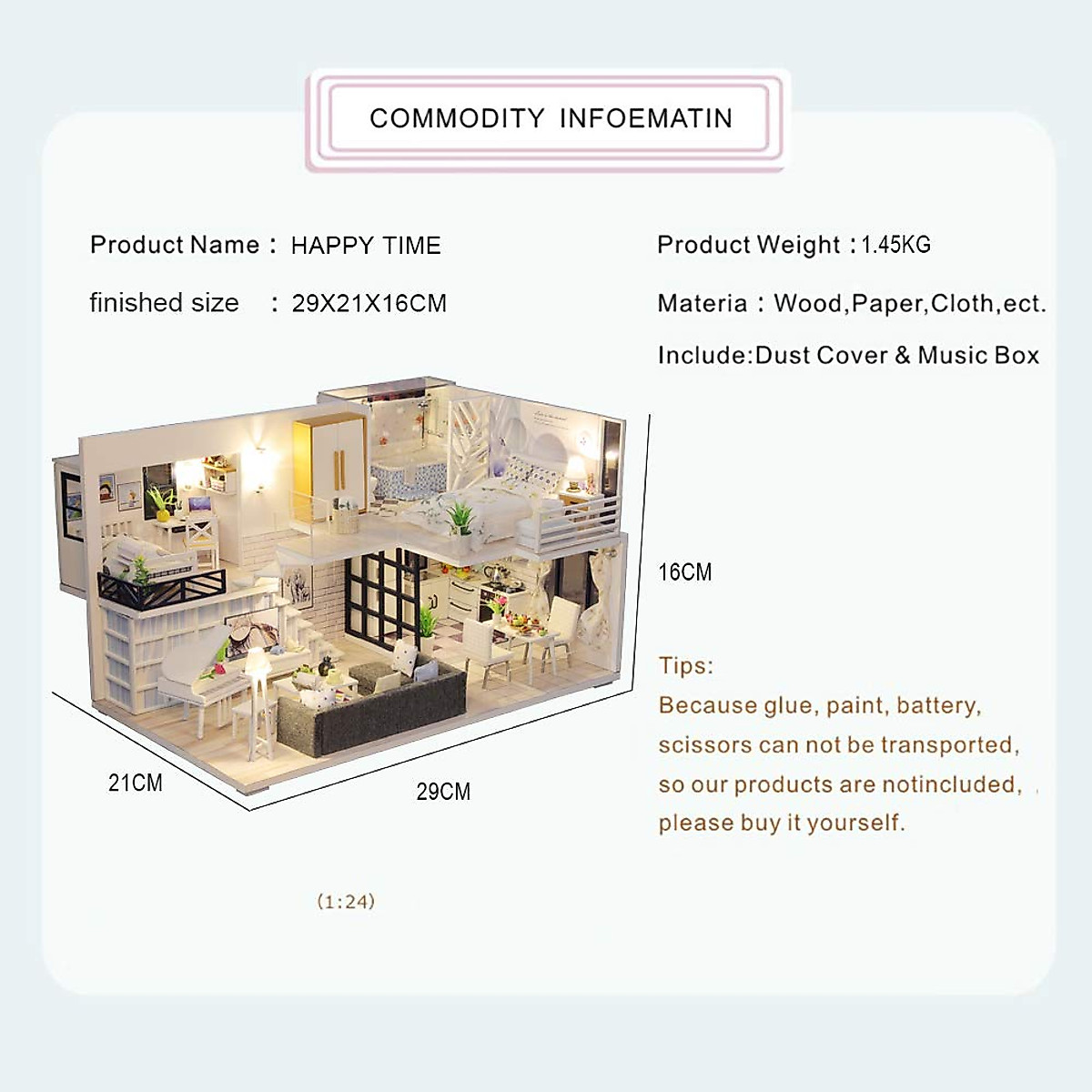 CUTEBEE Dollhouse Miniature with Furniture, DIY Dollhouse Kit Plus Dust Proof and Music Movement, 1:24 Scale Creative Room for Valentine's Day Gift Idea M21