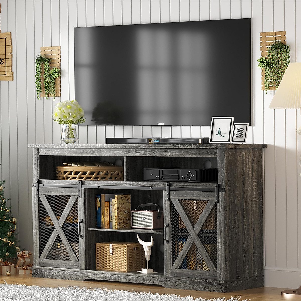 TOLEAD Farmhouse TV Stand for 65 inch TV Farmhouse Entertainment Center with Sliding Barn Doors Console Storage Cabinet for Living Room, Bedroom Grey