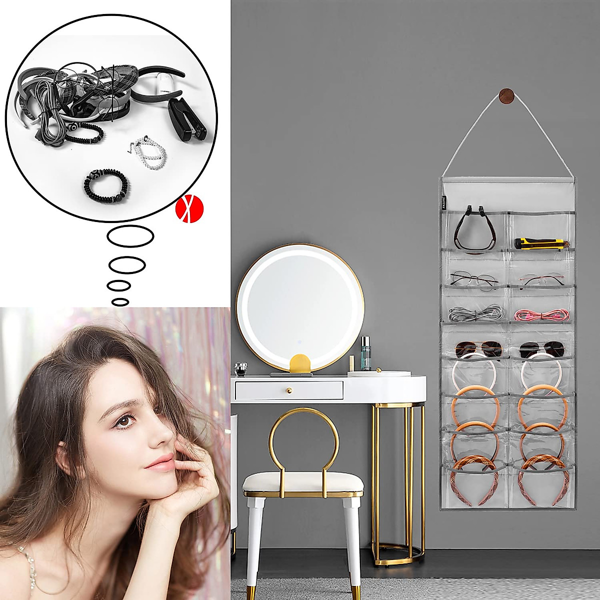 ANZORG Wall Hanging Headband Organizer Ribbon Hair Hoops Storage Hairbands Hair Accessory Holder with Clear Pockets (GREY-16 POCKETS)