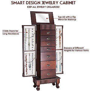 Hysache Jewelry Cabinet, Freestanding Jewelry Armoire Storage Chest w/ 7 Drawers, 2 Swing Doors, 12 Necklace Hooks, Large Capacity Wooden Jewellery Box Organizer for Bedroom Living Room