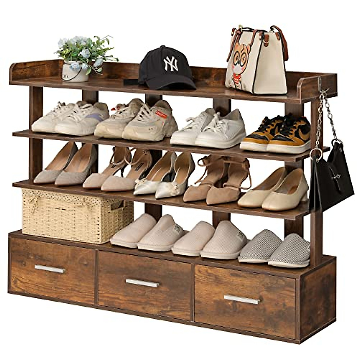 usikey Vertical Shoe Rack, 4 Tiers Vertical Shoe Rack + 6 Tiers Vertical Shoe Rack Wooden Shoe Tower with Bottom Drawers, Rustic Brown