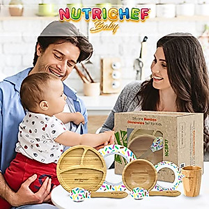 Baby Bamboo Dinnerware Set - 3 Partition Wooden Toddler Plate, Bowl, Cup & Spoon w/ Silicone Suction Base for Stay Put Feeding, BPA-Free, Hypoallergenic, For Children Aged 4-72 Mo. (Sparkle)