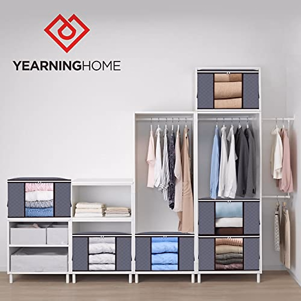 YearningHome 6Pack 90L Storage Bag for Clothes Large Capacity Storage Containers with Reinforced Handle Foldable Closet Organizer for Comforters, Blankets, Bedding, Sweater with Sturdy Zipper, Clear Window, Grey