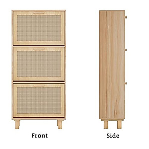 Wekity Shoe Storage Cabinet, Rattan Shoe Cabinet with 3 Flip Drawers, Narrow Free Standing Shoe Cabinet for Heels Slippers Boots, Wood Shoe Cabinet for Entryway Hallway 10X21X45Inch (Nature)
