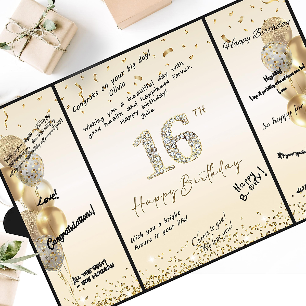 DARUNAXY Black Gold 16th Birthday Party Decorations, Happy 16th Birthday Alternative Signature Guest Book for Boys & Girls Sweet 16 Years Old Gifts 16 Birthday Signing Card Board Party Supplies