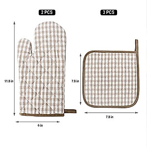 Oven Mitts and Pot Holders, 5 pcs Heat Resistant Cotton Vintage Gingham Oven Mitts and Potholders Hot Pads Mats Coasters Set for Cooking Baking (Light Brown Set)