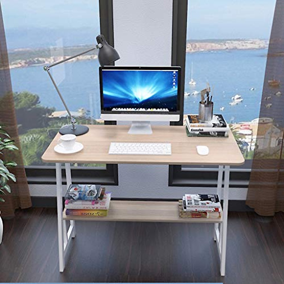 ZHOU2# Desktop Computer Desk with Storage Rack, Home Office Study Writing Table Computer Gaming Table Bedroom Laptop Study Table, Student Bookcase Study Reading Writing Desk PC Laptop Table (Yellow)