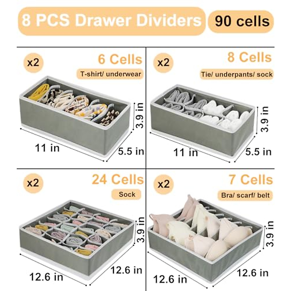 8 Pack Dresser Drawer Organizer Clothes, Foldable Underwear Drawer Organizer Bins, 90 Cells Fabric Closet Cloth Storage Box Drawer Dividers for Socks, Ties, Bras, Baby Clothes, Nursery, Clothing