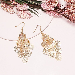 Boho Geometric Filigree Rhombus Shape Tiered Dangle Drop Statement Earrings (SHINE GOLD)