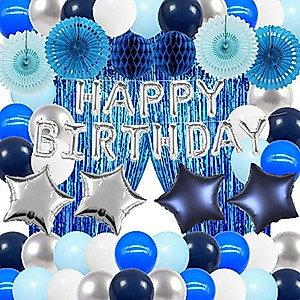 Blue Birthday Decorations Navy Blue Party Supplies Silver Happy Birthday Banner Blue Balloons Foil Fringe Curtain Bday Decor Men Women Boys Girls 13th Sweet 16 18th 21st 25th 30th 40th 50th 60th 70th