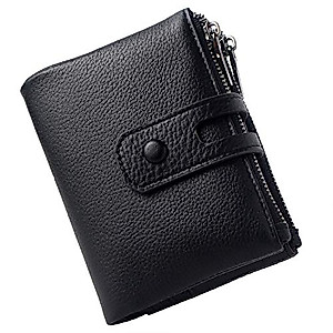 Bveyzi Small Soft Leather Wallet for Women RFID Blocking Ladies Card Holder with Double Zipper Pocket (Black)
