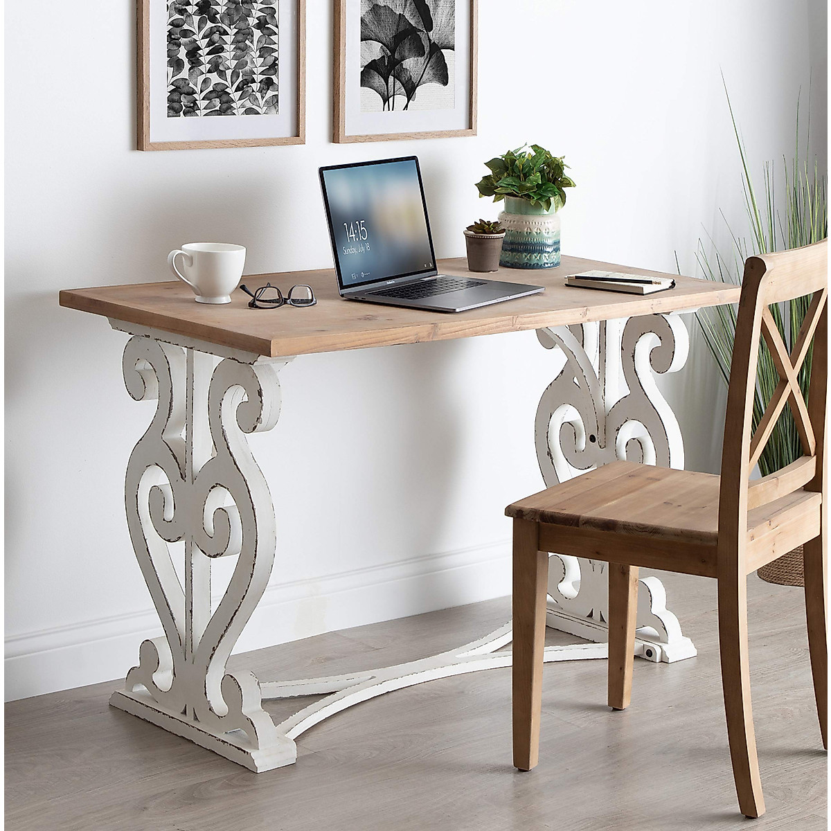 Kate and Laurel Wyldwood Rustic Wood Desk, 48" x 23.5" x 30", Rustic Brown and Coastal White, Chic Farmhouse-Inspired Design