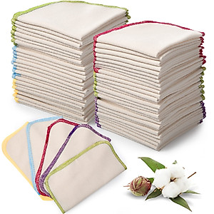 Mimorou 45 Pcs Flannel Cloth Baby Wipes Reusable Baby Diapers Wipes Washable Natural Unbleached Baby Face Wipes Soft and Sturdy Cloth Wipes 5 Colors Outer Stitching 8 x 8 Inches, 1.0 Count