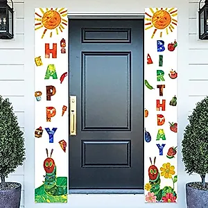 Cartoon Very Hungry Little Green Caterpillar Happy Birthday Banner Backdrop Insects Theme Decor Door Porch Decorations for Boys Girls 1st Birthday Party Baby Shower Supplies Favors Background Gift