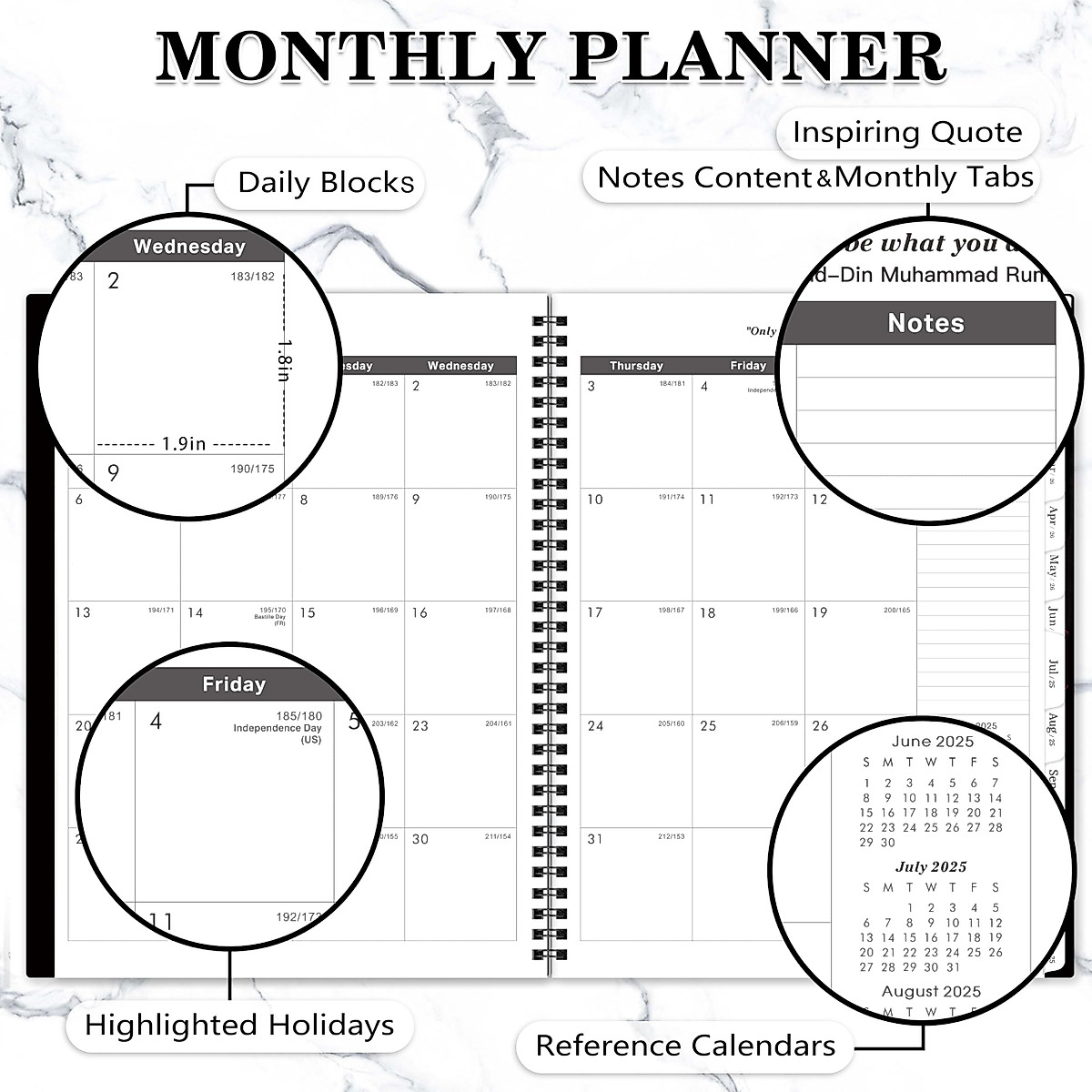 Monthly Planner 2023-2025 - 2023-2025 Monthly Planner With Tabs, Jul. 2023- Jun. 2025, 9" x 11", 24-Month Planner with Pocket & Label, Contacts and Passwords, Thick Paper, Twin-Wire Binding - Black by Artfan