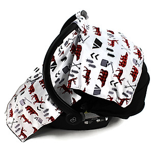 Dear Baby Gear Car Seat Canopy, Woodland Adventure Bear Moose Plaid, Minky Black