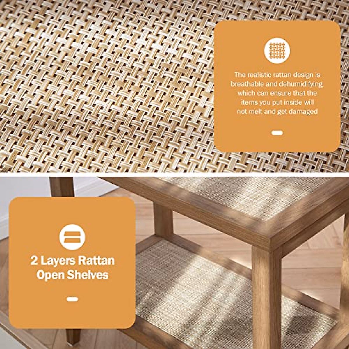SICOTAS Boho Rattan Nightstand Bedside Table - Farmhouse Narrow End Table for Living Room - Accent Side Table with 2 Rattan Open Storage Shelves for Bedroom, Small Spaces, Wood