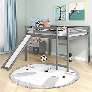 GJHOME Full Loft Bed with Slide, Solid Wood Low Loft Bed Frame for Kids Girls Boys (Full Size, Gray)
