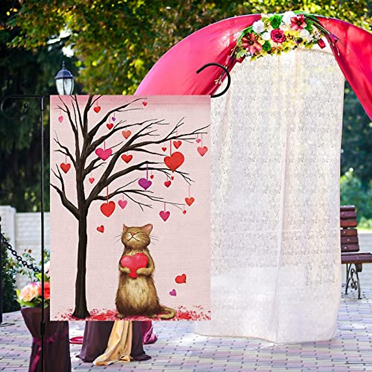 Heyfibro Valentine's Day Cat Garden Flag, Valentines Heart Love Tree Burlap 12 x 18 Inch Double Sided Yard Flag, Spring Seasonal Outdoor Decoration for Valentines Day Gifts(ONLY FLAG)