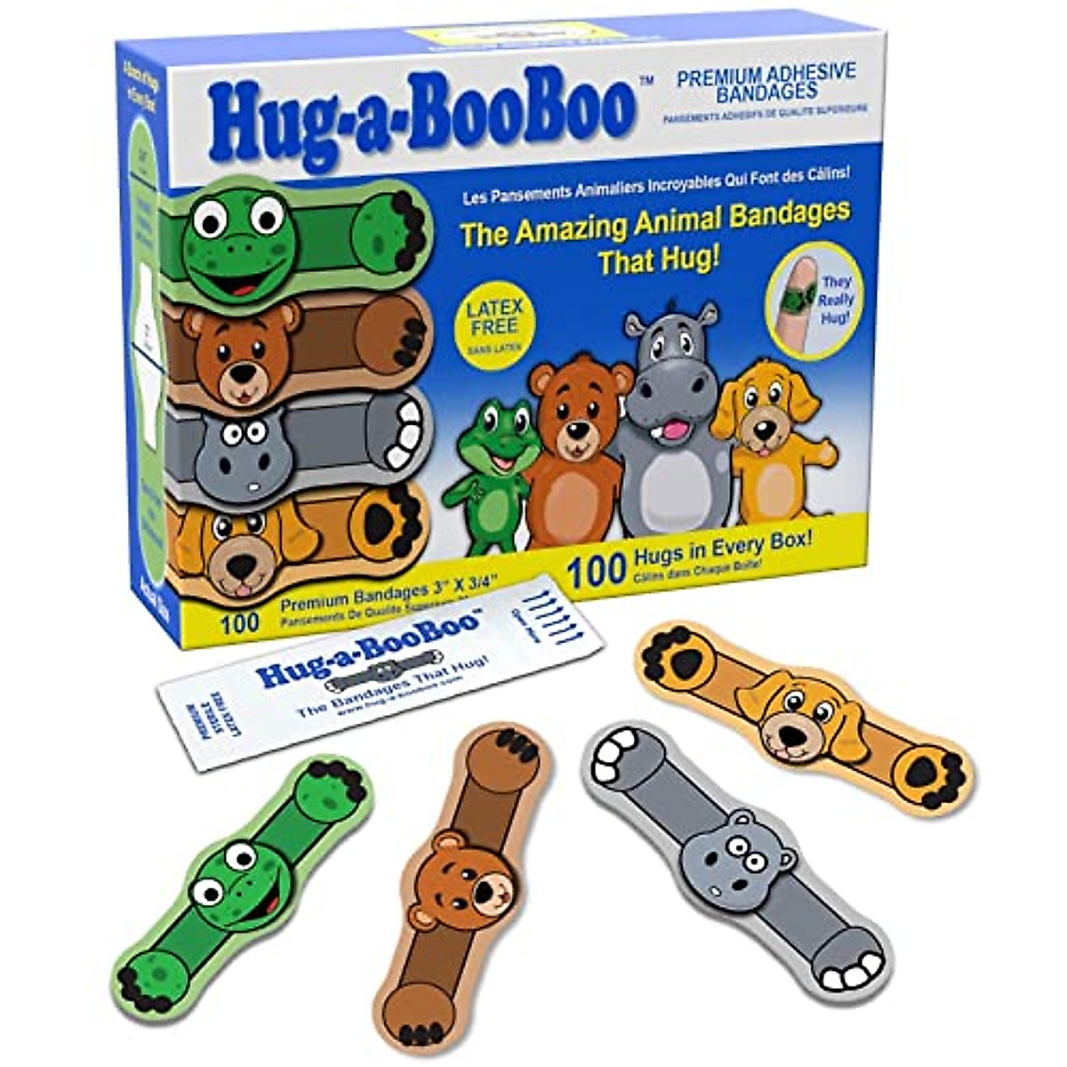 Super Fun Kids Bandages by Hug-a-BooBoo! The Amazing Animal Bandages That Hug! Children’s Favorite Stuffed Animal Designs – Hippo, Puppy, Teddy Bear & Frog! Family Pack Value Assortment -100ct Box