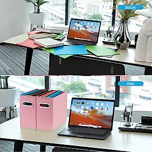 Oterri File Organizer, Small Storage Box, Cardboard File Folder Organizer, Collapsible File Box, Hanging File Organizer for Letter Size, Portable File Box with Handle, Only Box（Pink，2 Packs）