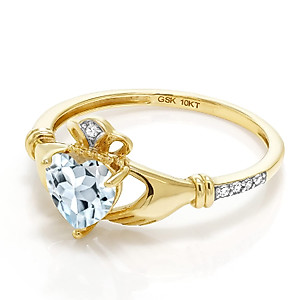 Gem Stone King 10K Yellow Gold Irish Celtic Claddagh Sky Blue Aquamarine and Diamond Accent Ring For Women (0.73 Cttw, Available in size 5, 6, 7, 8, 9)
