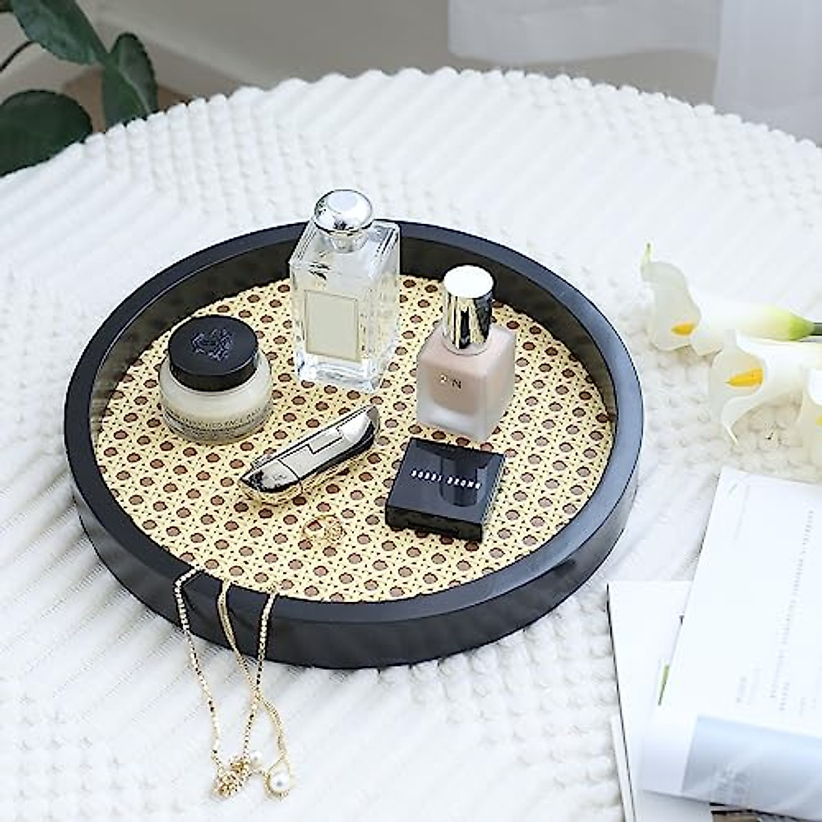 SwallowLiving Decorative Round Serving Tray with Imitated Rattan Handmade Ottoman Tray Boho Basket Wooden Black Frame Storage Tray 11.8” x 1.3“