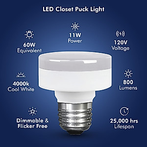 Xtricity LED Closet Low Profile Flat Puck Light Bulb, 11W (60W Eqv) 800 Lumens, 4000K Cool White, Dimmable, E26 Medium Base -120V, UL Listed (2 Pack)