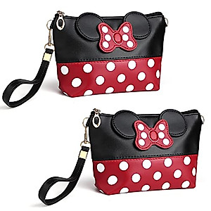 yiwoo 2 Pack Cosmetic Bag Mouse Ears Bag with Zipper,Cartoon Leather Travel Makeup Handbag with Bow-knot, Cute Portable Toiletry Pouch for Women Teen Girls Kids (Black)