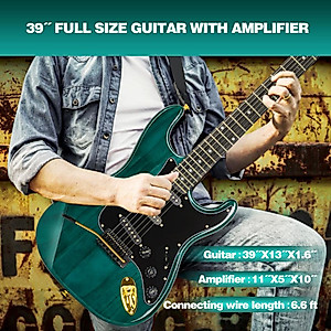 MUSTAR Electric Guitar Kit with 25W Amplifier, 39 Inch Full Size Solid Wood Electric Guitar Beginner Kits, Gig Bag, Digital Tuner, Capo, Strap, Cable, Picks, Birthday Holiday Gifts (Green, MEG-100)