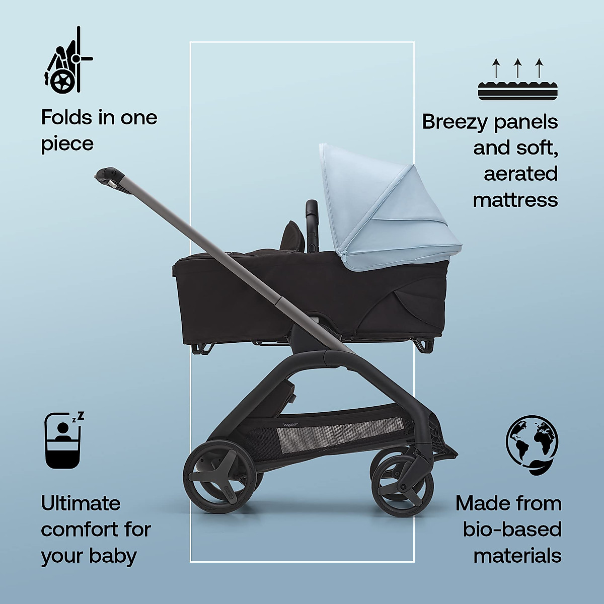 Bugaboo Dragonfly City Stroller with Full-Size Baby Bassinet and Toddler Seat, One Hand Easy Fold in Any Position, Full Suspension, Large Basket, Graphite Chassis and Skyline Blue Sun Canopy