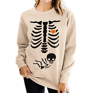 SOFEON Women Halloween Sweatshirt X-Ray Skeleton Maternity Sweatshirt Funny Pregnancy Announcement Crewneck Pullover Tops(Beige,XX-Large)