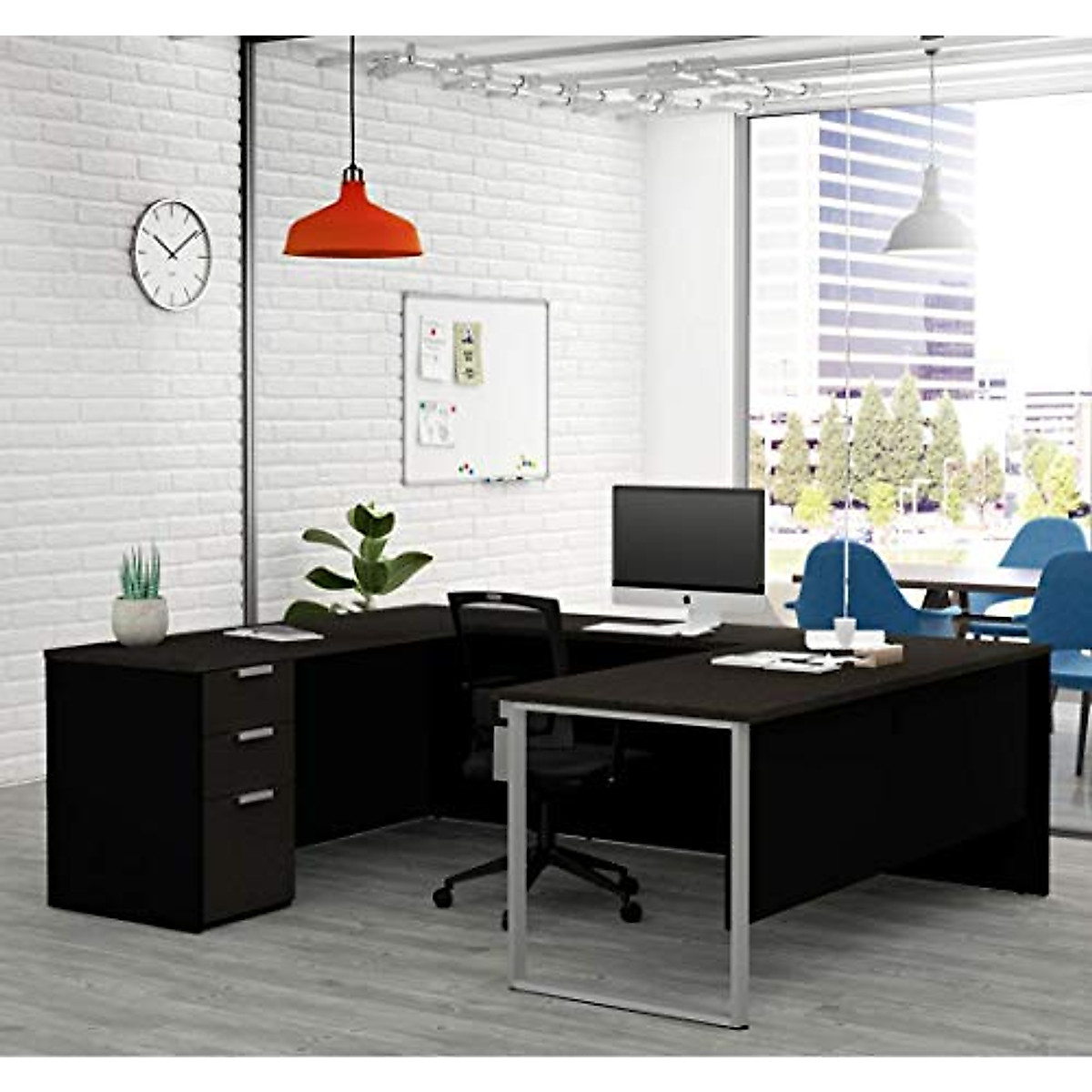 Bestar Pro-Concept Plus U-Shaped Executive Desk with Pedestal, Deep Grey & Black