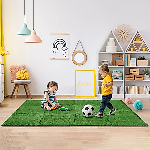 Sorbus Grass Foam Floor Tiles - 12 Interlocking Mats of 24"X24” Total of 48 Sq Ft for Kids Outdoor Toys, Playroom, Deck, Patio, Basement Home Gym - Artificial Carpet Grass Turf Indoor Outdoor Flooring
