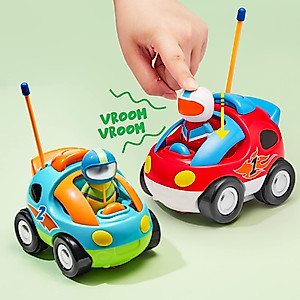 JOYIN 2 Pack Cartoon Remote Control Car, RC Cars with Music & Sound, Treasure Box and Prize for Classroom, Toy for Baby, Toddler, Easter Basket Stuffers and Christmas Birthday Gift for Kids