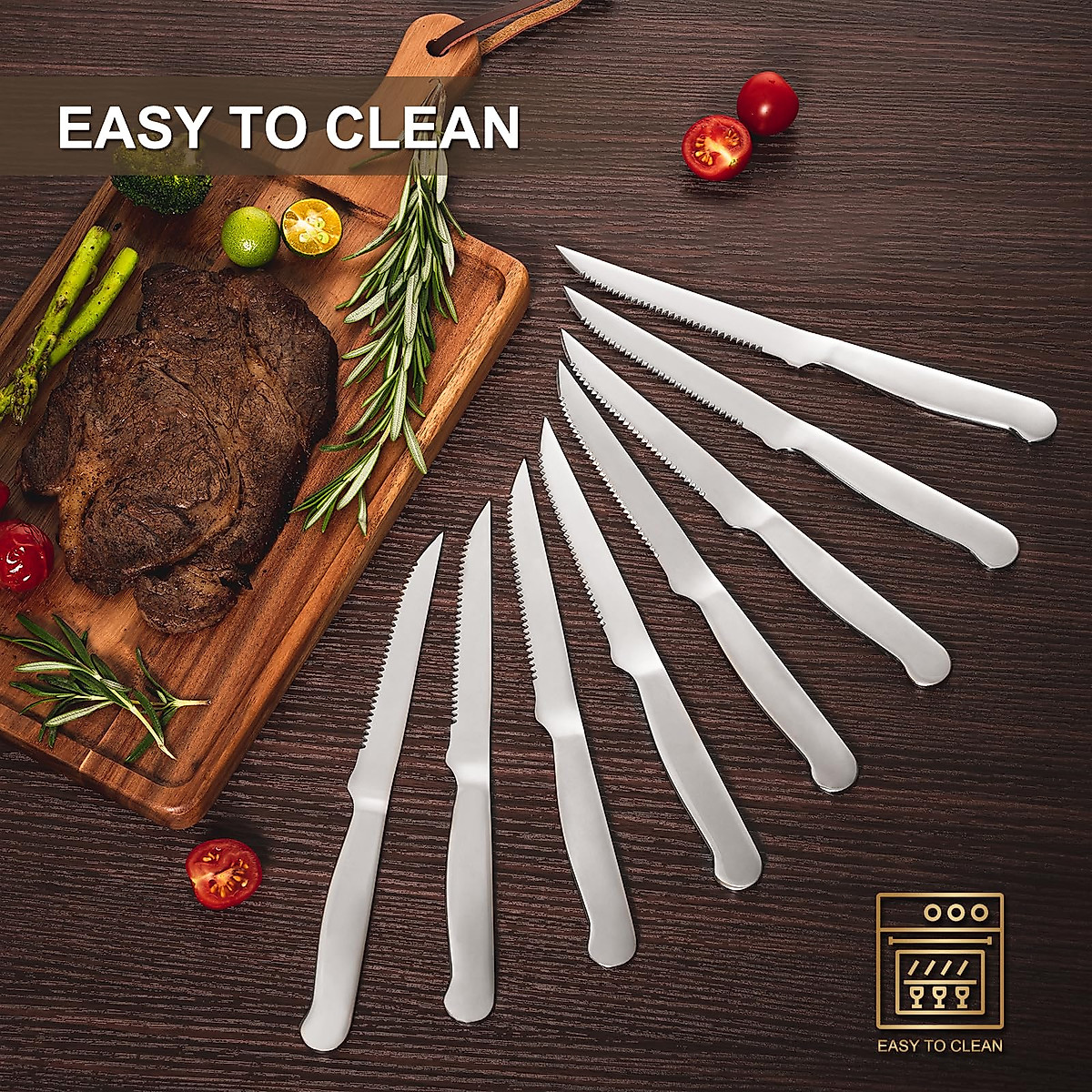 Steak Knives Set of 8, Eisinly Sharp Serrated Knife Set with Sturdy Full Stainless Steel Handle for Kitchen Restaurant Party, 9.5 Inches, Silver