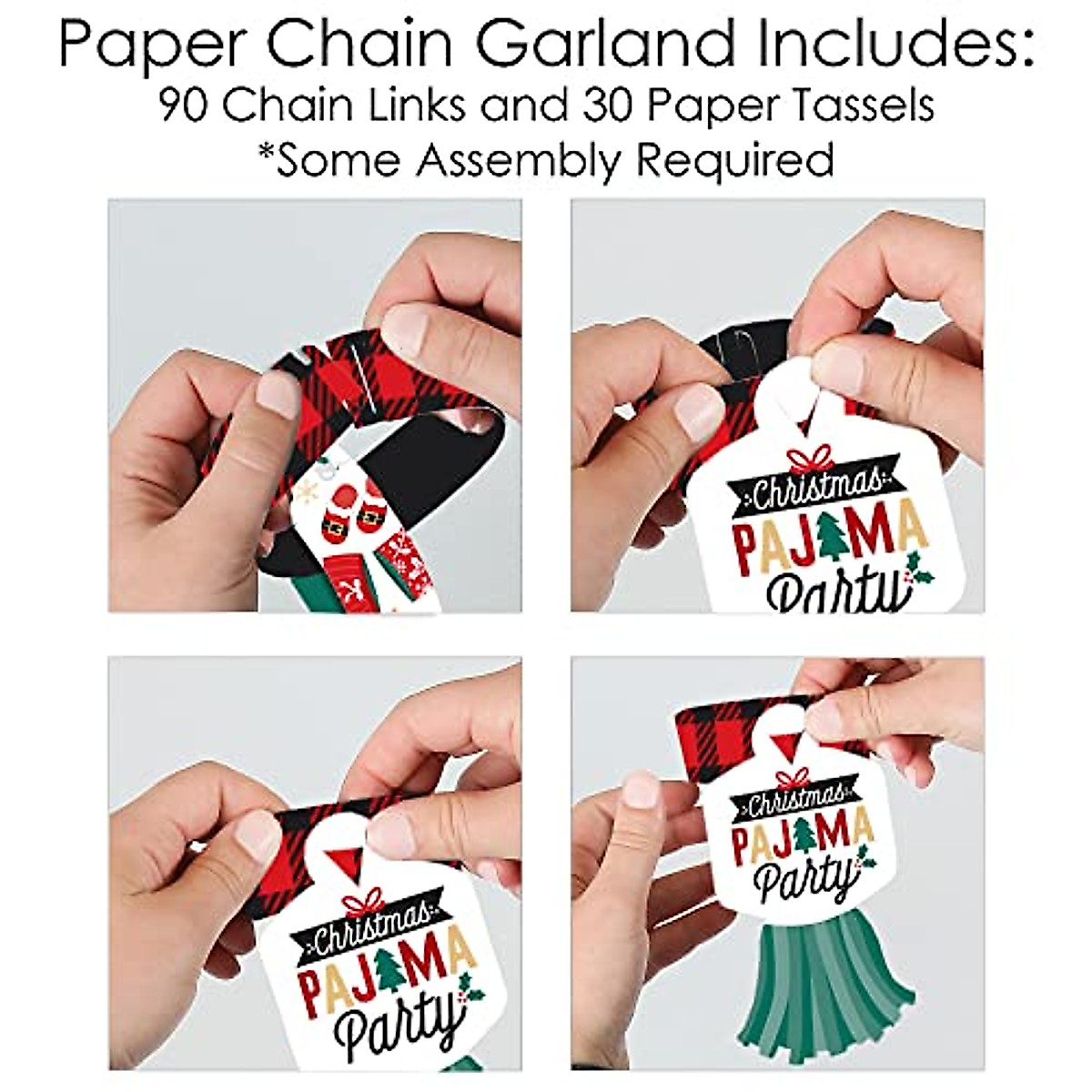 Big Dot of Happiness Christmas Pajamas - 90 Chain Links and 30 Paper Tassels Decoration Kit - Holiday Plaid PJ Party Paper Chains Garland - 21 feet