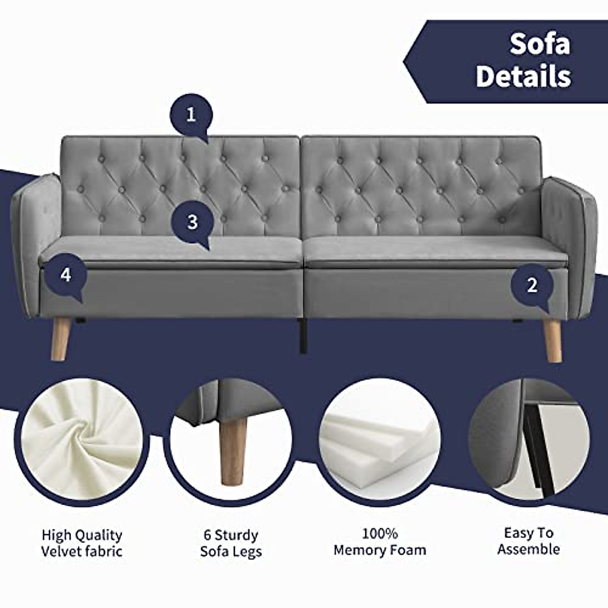 ZAFLY Couch Bed, 76.8'' Loveseat Bed Couches for Living Room, Futon Sofa Deep Seat Beds with Soft Ice and Snow Velvet Sturdy Sleeper Small Space, Bedroom, Apartment, Dorm Light Grey