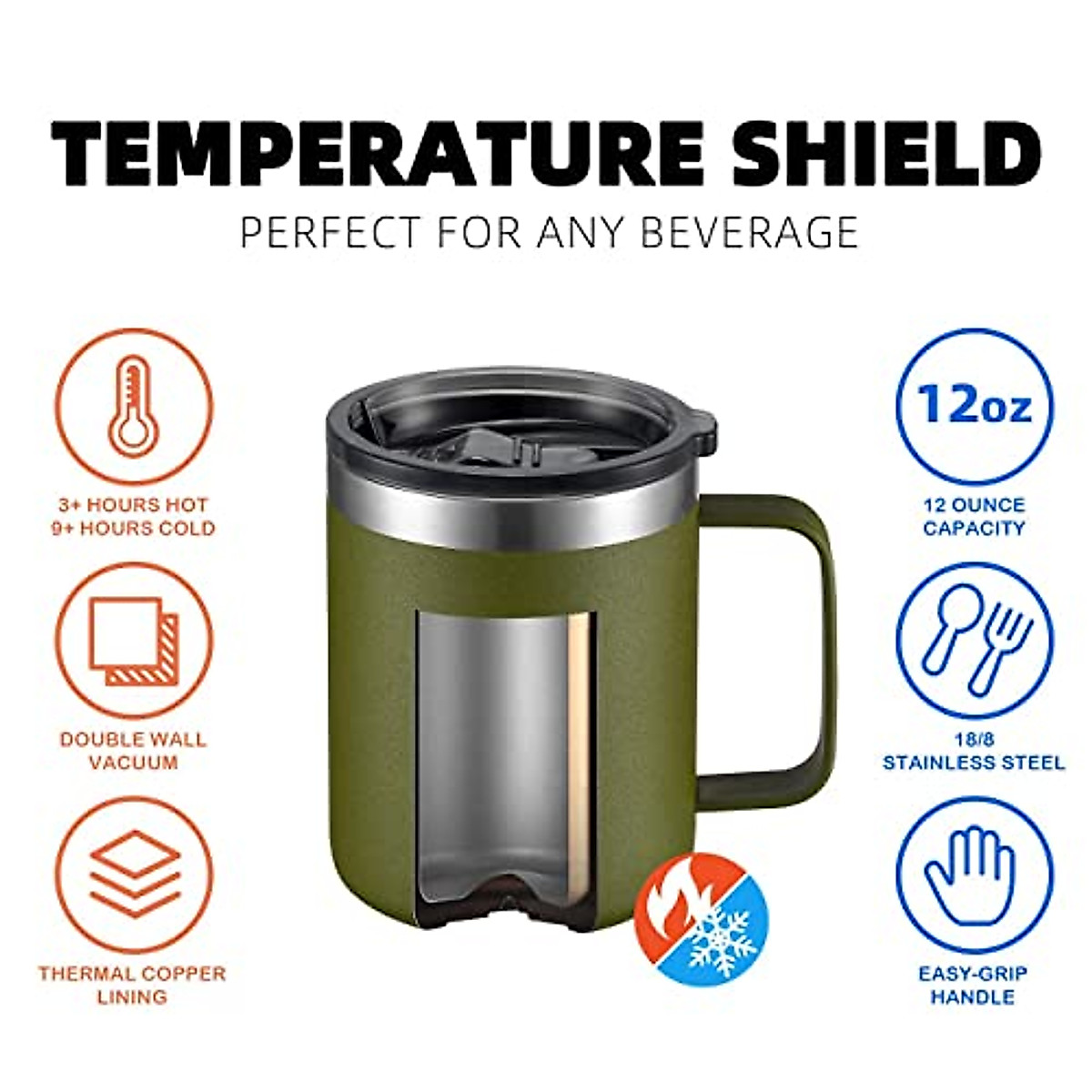 ALOUFEA 12oz Stainless Steel Insulated Coffee Mug with Handle, Double Wall Vacuum Travel Mug, Tumbler Cup with Sliding Lid, Army Green