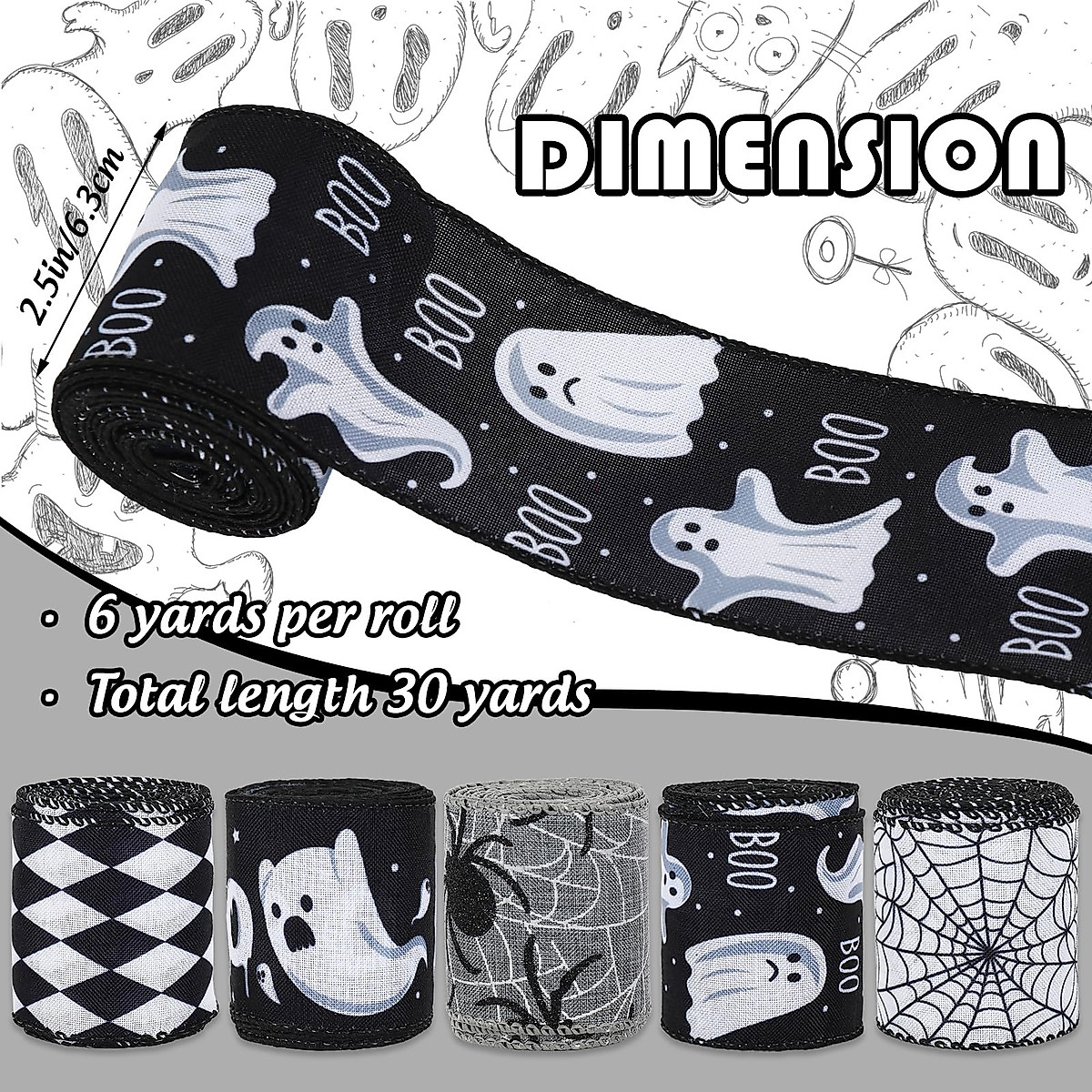 AnyDesign 30 Yards Halloween Wired Edge Ribbon 5 Roll Spooky Boo Ghost Spider Wed Checks Decorative Ribbon Black White Halloween Craft Fabric Ribbon for Wreath Bow Making DIY Gift Wrapping Supplies