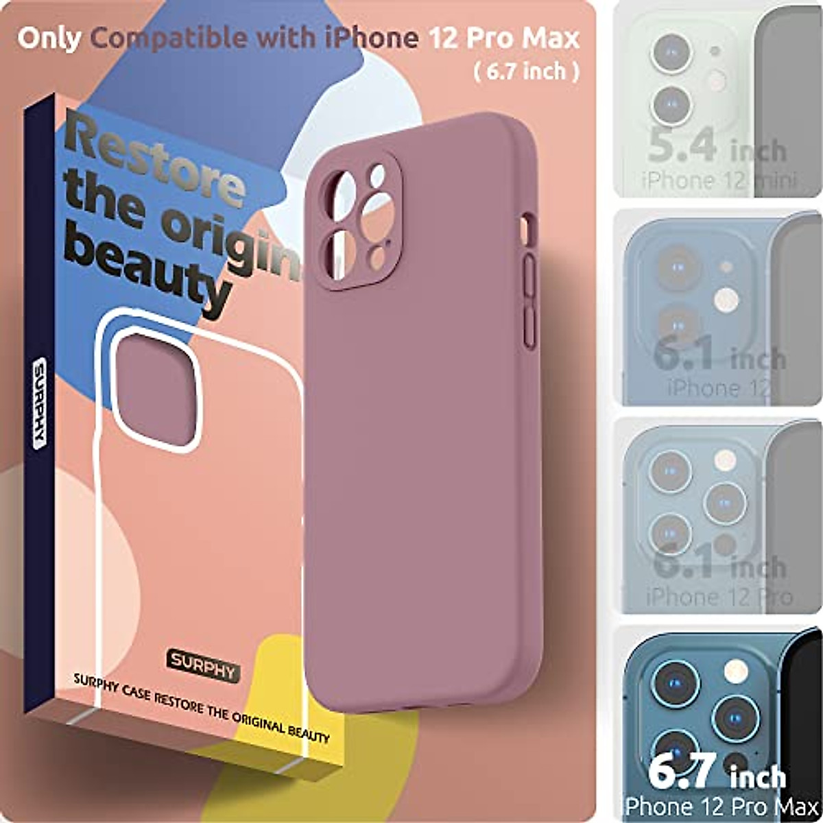 SURPHY Silicone Case for iPhone 12 Pro Max Case 6.7 inch, Individual Protection for Each Lens, Liquid Silicone Phone Case with Microfiber Lining (Lilac Purple)