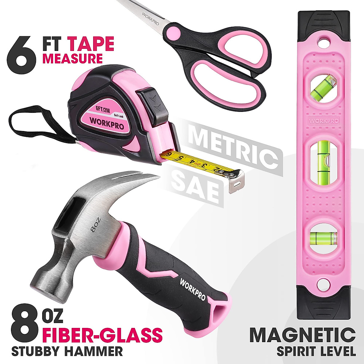 WORKPRO Pink Real Tool Set for Kids with 12 Inch Mini Steel Tool Box with Wheels, 10PCS Kids Real Tools with 2 Drawers Desk Metal Rolling Tool Chest, Children's Tool Kit for Home DIY- Pink Ribbon